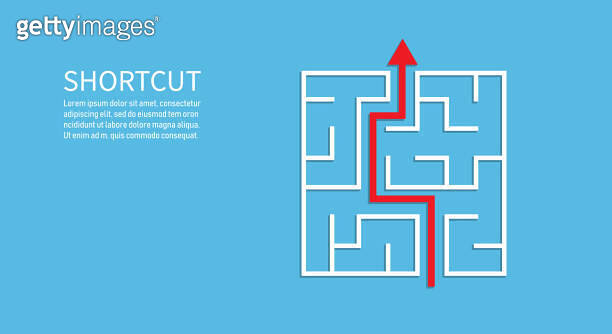 shortcut from maze with arrow to success. red arrow route break out of ...
