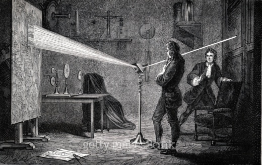 Isaac Newton using prism to break white light into spectrum (92822790 ...