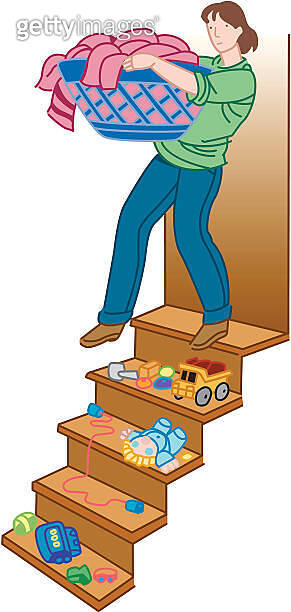 Woman about to use stairs laden with toys Color Illustrator Ver. 5 ...